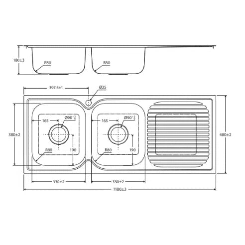 Fienza Tiva 1180 Double Kitchen Sink with Drainer | Design 10